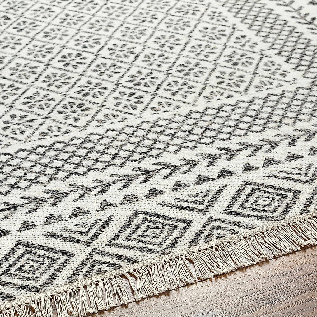 Hauteloom Hulda Wool Living Room, Bedroom Area Rug - Bordered - Boho, Bohemian Carpet - Modern Farmhouse - Gray, Black, White - 8' x 10'