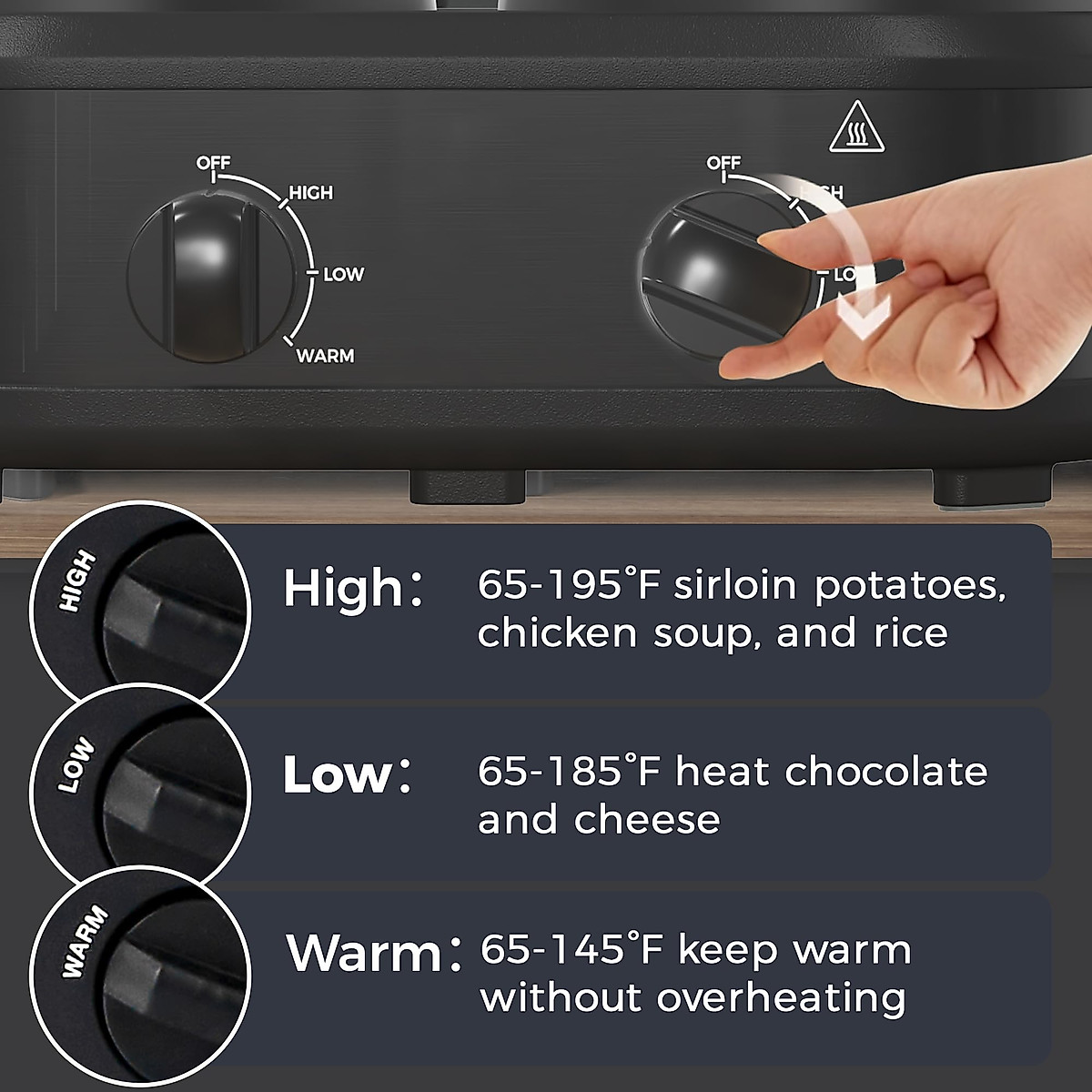 Double Slow Cooker Buffet Server and Warmers, Small Slow Cooker with 3 Individual Adjustable Temp, Dishwasher Safe Dual Ceramic Pots, Total 2.5 Quarts, Black