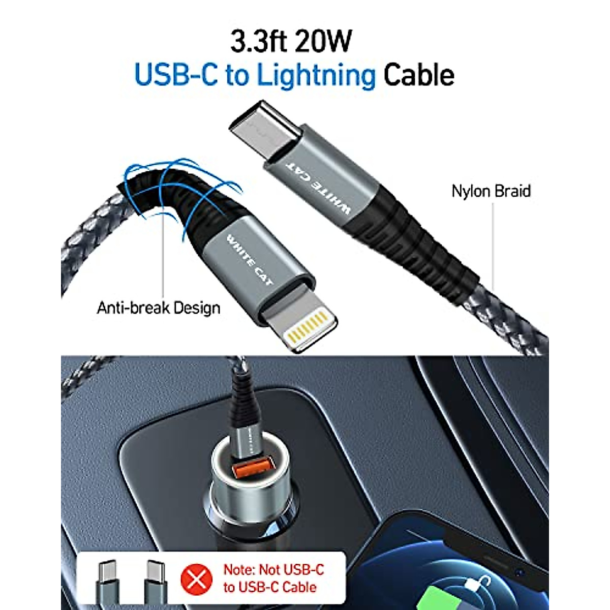 iPhone Car Charger, USB C Fast Car Charger[Apple MFi Certified] White Cat 38W 2-Port PD&QC 3.0 Cigarette Lighter Adapter with 3.3ft USB C to Lightning Cable for iPhone14 13 12 Pro/iPad/AirPods/Samsung