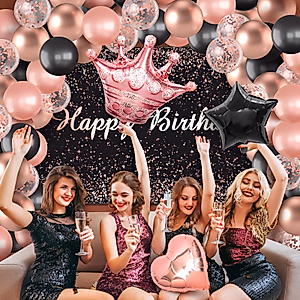 Black and Rose Gold Party Decorations, Rose Gold and Black Balloon Garland Kit with Birthday Backdrop Tablecloth for Women Girls Rose Gold Black Birthday Party Decorations Supplies