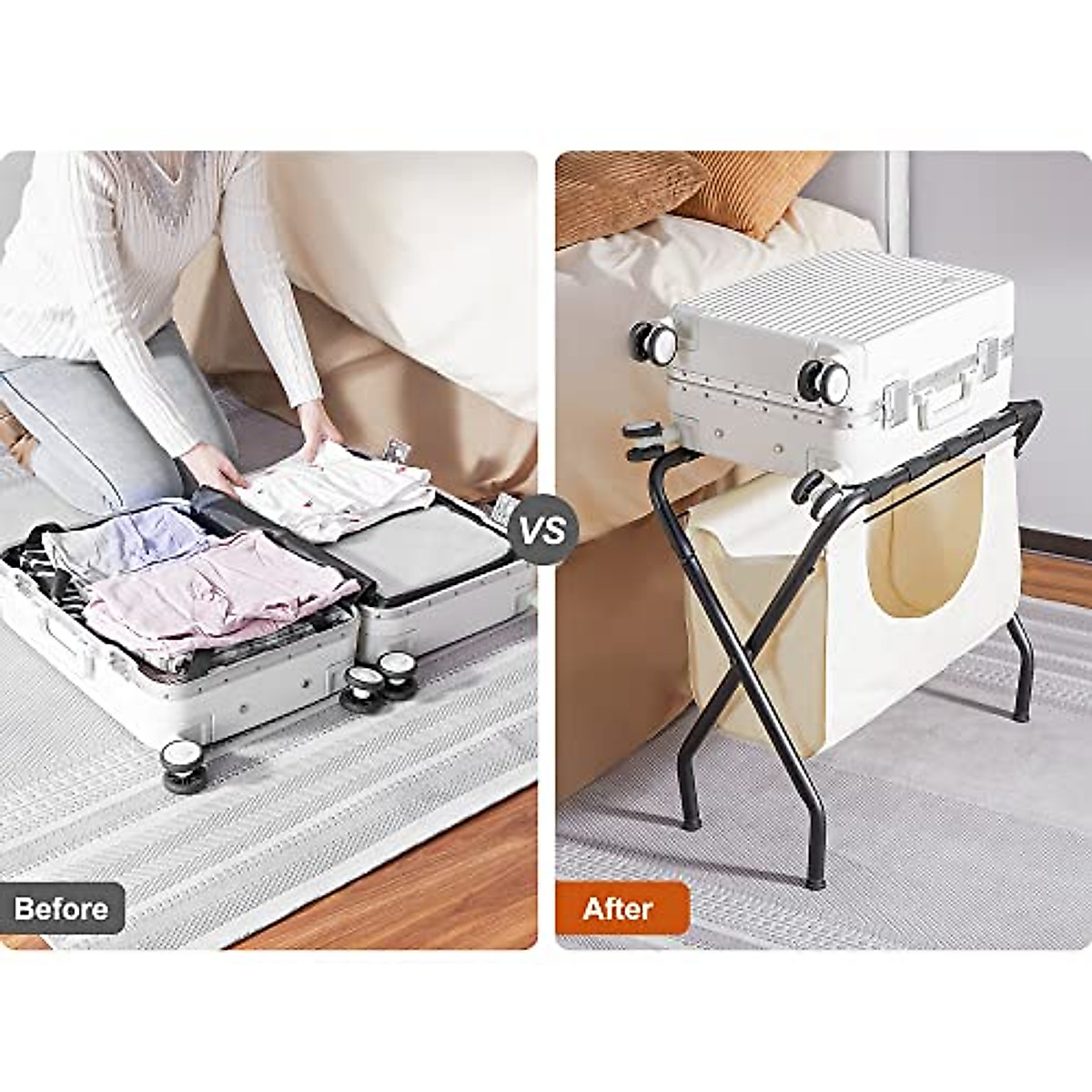 ELYKEN 2 Pack Luggage Rack with Laundry Bag, Guest Room Folding Space Saving Suitcase Holder, Max 110LBS Baggage Shelf with Heavy Duty Nylon Belts, Dirty Clothes Storage for Bedroom Hotel