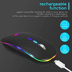 HOTLIFE LED Wireless Mouse, Slim Rechargeable Silent Portable USB Optical 2.4G Wireless Bluetooth Two Mode Computer Mice with USB Receiver and Type C Adapter (Black)