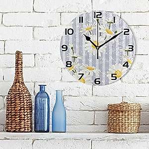 Oreayn Daisy Floral Stripe Wall Clock for Home Office Bedroom Living Room Decor Non Ticking White