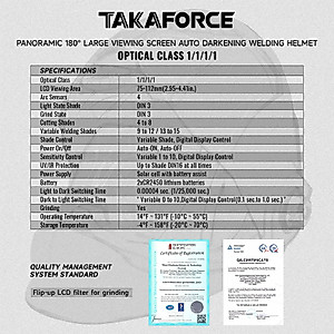 TAKAFORCE Auto Darkening Welding Helmet with Large 180° Panoramic Viewing Screen, Side View, True Color, Highest Optical Class 1/1/1/1, 4 Arc Sensor, 9-12/13-15 Variable Welding Shades,Flip Up Design.