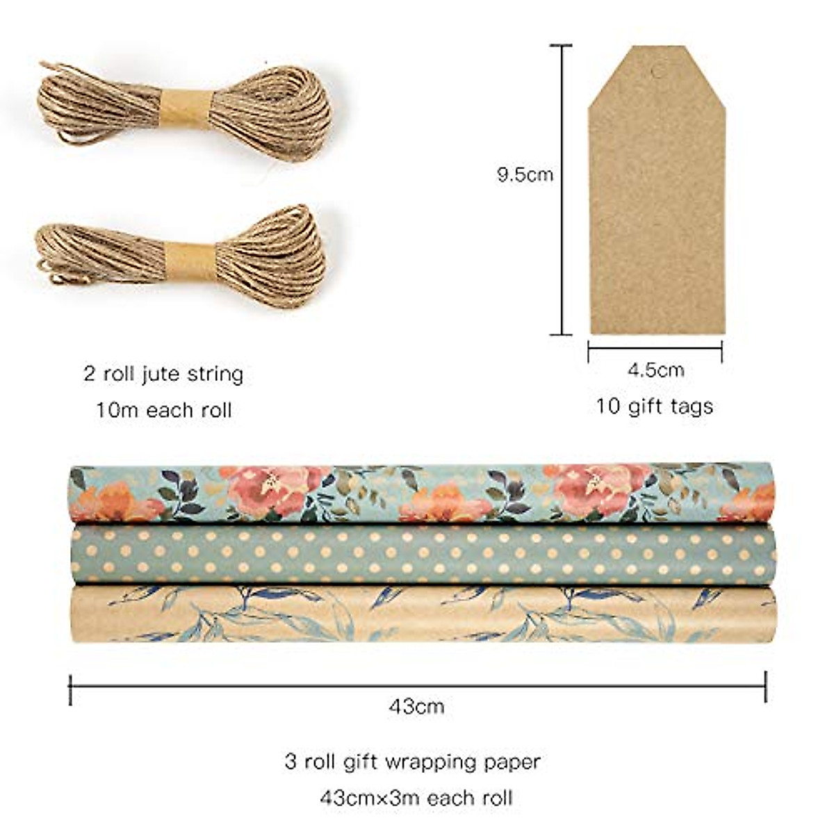 RUSPEPA Wrapping Paper Rolls with Tags, Jute String - 17 inches x 10 feet per Roll, Total of 3 Rolls, Spring