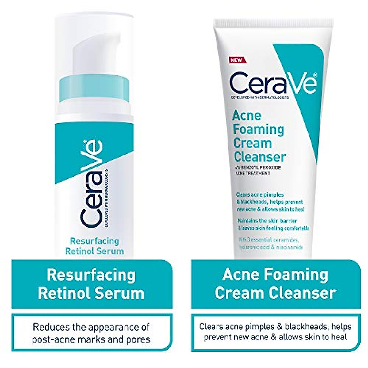 CeraVe Acne Treatment Face Wash and Retinol Serum Bundle | Contains One Acne Foaming Cream Cleanser (5 Ounce) and One Brightening Facial Serum for Post-Acne Marks and Pores (1 Ounce)