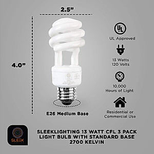 SLEEKLIGHTING Spiral light bulb - E26 base CFL bulb - CFL Light Bulbs 13 Watt- 3 Pack, 2700 Kelvin for Warm White and 800 Lumens - (65 Watt Incandescent Light Bulb Equivalent) - UL Listed