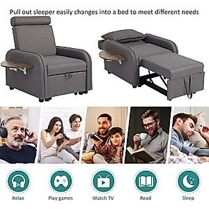 IPKIG Convertible Chair Sleeper Bed, Pull Out Sleeper Chair Armchair Bed with Foldable Wooden Tray, Linen Fabric and Wooden Frame Armchair for Small Space Living Room (Dark Grey)