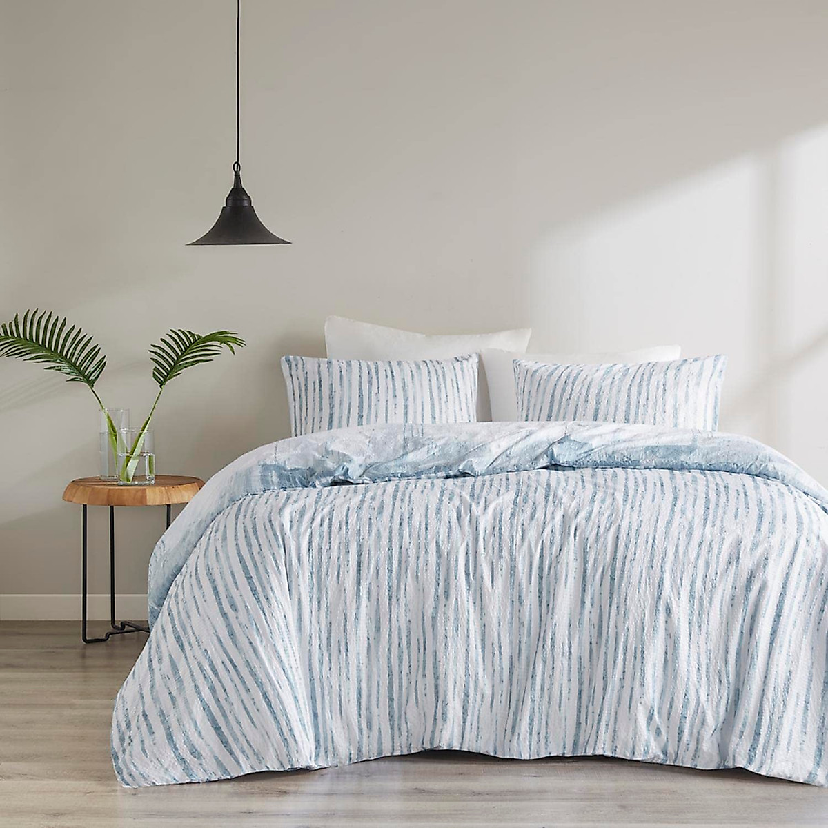 N Natori Brush Stroke Reversible Duvet Set Abstract Styling, Embossed Seersucker Design, All Season, Breathable Oversized Comforter Cover Bedding, Shams, Full/Queen(92"x96") Blue 4 Piece