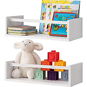BESSLEE Floating Book Shelves for Kid’s Room, Minimalist Nursery Wall Décor Toddler Storage Natural Wood, 16” Long Bathroom Bedroom Living Room Office Hanging Organizer, Set of 2, Classic White