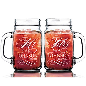 Custom Etched Mr. Mrs. Personalized Mason Mugs with Handle With Last Name and Date Set of 2, Clear