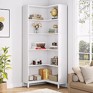 LITTLE TREE 70.8-in Tall Bookcase, 6-Tier White L-Shaped Bookshelf, Modern Corner Bookcase Bookshelf, Freestanding Display Storage Rack with Back Panel for Living Room, Bedroom