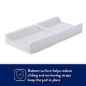 Kolcraft Waterproof Contoured Baby Diaper Changing Pad for Dresser or Changing Table, Easy Clean, Soybean Enhanced Foam, Safety Restraint Belt and Anchoring Straps, Made in USA - White, 17" x 33"