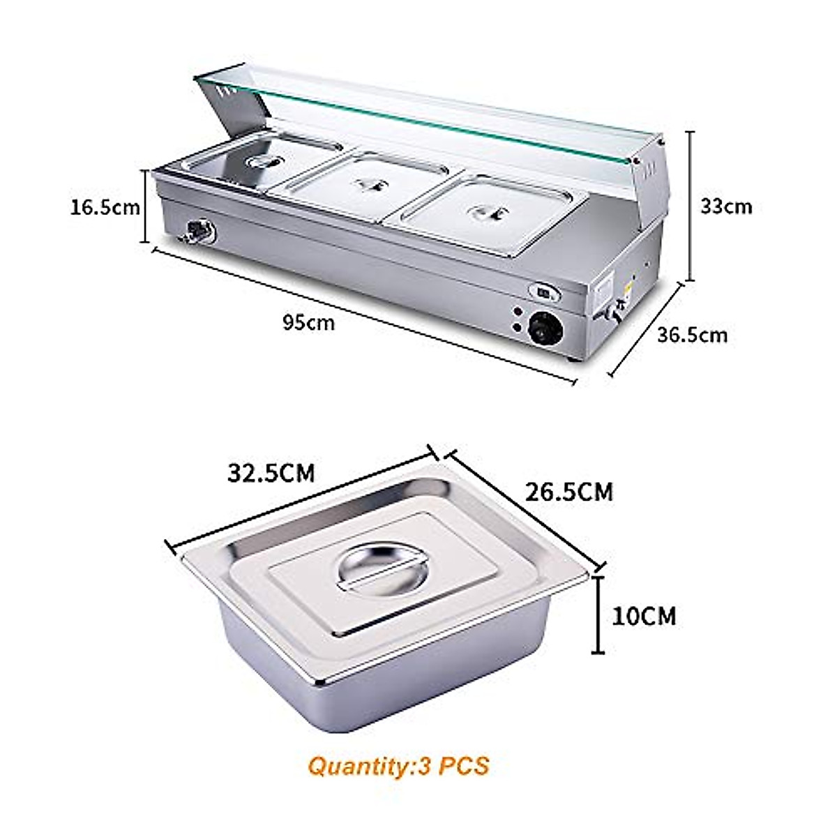 2000W Commercial Buffet Electric Food Warmer, Electric Countertop Food Warmer, 86-185℉ Steam Table with Lids for Restaurants, CE/CCC (3pcs Pans 95cm)