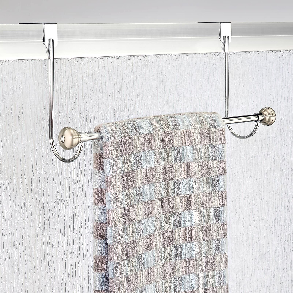 mDesign Metal Bathroom Over Shower Door Towel Rack Holder - Storage Organizer Bar for Hanging Washcloths, Bath, Hand, Face & Fingertip Towels - Brushed with Chrome Finials