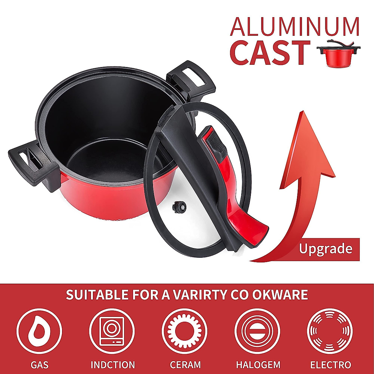 swiflon 5.8 Quart Nonstick Cast Aluminum Stock Pot, Cooking Pot with Easy Lock Low Pressure Lid, with Stainless Induction Base