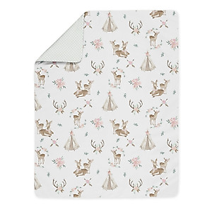 Sweet Jojo Designs Blush Pink, Mint Green and White Boho Watercolor Woodland Deer Floral Girl Toddler Kid Childrens Bedding Set - 5 Pieces Comforter, Sham and Sheets