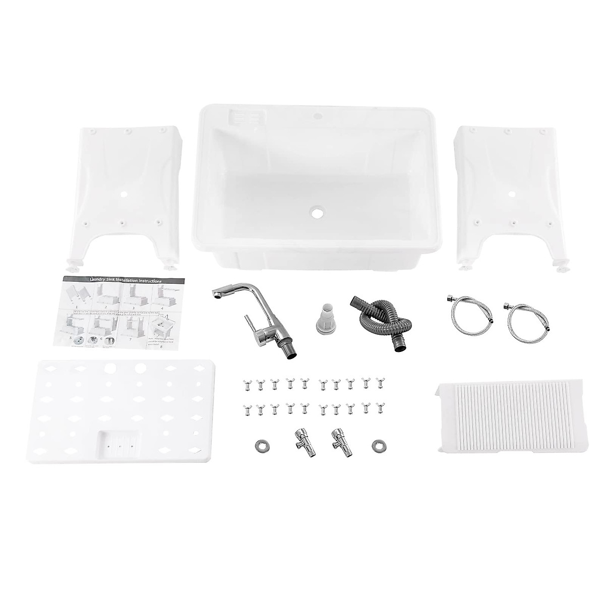 Freestanding Plastic Laundry Sink with Washboard, W31.5" × D22" × H31.5" Indoor and Outdoor Utility Sink with Cold and Hot Water Faucet, Hoses and Drain Kit for Laundry Room, Garage, Basement, Garden