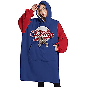 Baseball Team Wearable Oversized Blanket with Super Pockets, Sherpa Blanket Sweatshirt, Winnter Fuzzy Pullover for Adults