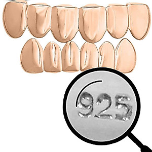 Solid 925 Sterling Silver Real Grillz - Rose Gold Plated - Custom Top & Bottom Grills For Teeth - Real Solid Silver NOT Plated