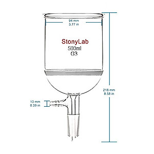 StonyLab Borosilicate Glass Buchner Filtering Funnel with Fine Frit(G3), 94mm Inner Diameter, 100mm Depth, with 24/40 Standard Taper Inner Joint and Vacuum Serrated Tubulation, 500ml