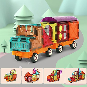 Magnetic Tiles Building Blocks with 4 Cars Magnet Train Set for Kids Construction STEM Toy Preschool Educational Creativity Learning Brithday Gift for Girls Boys Toddlers 3 4 5 6 7 8
