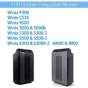115115 Filter, Replacement Filters A 115115 Size 21 Compatible with Winix PlasmaWave air Purifier 5300 6300 5300-2 6300-2 P300 C535 AM90 1 True HEPA Filter and 4 Active Cotton Filters (White+Black)