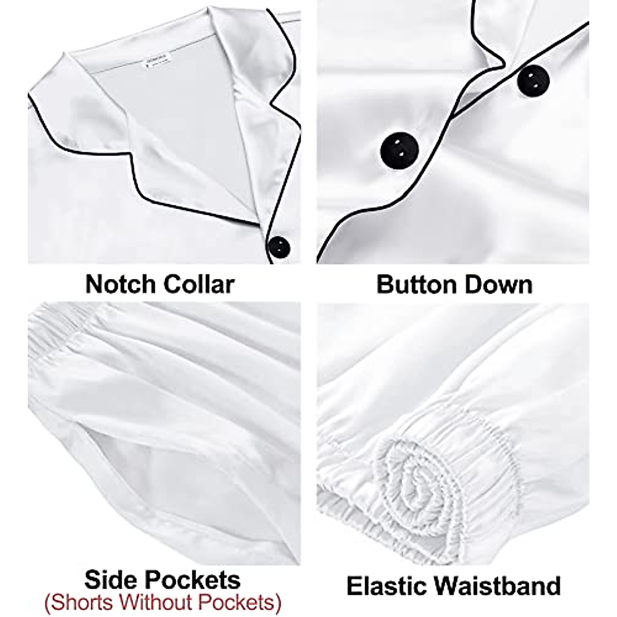 SWOMOG Women 3 Pcs Satin Pajamas Set Silk Long Sleeve Sleepwear Button Down Loungewear Pjs with Shorts & Pants White