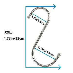 Hamosky 20PCS 4.73in Extra Large S Shaped Stainless Steel Hanging HooksSet - Ideal for Pots, Pans, Spoons & Other Kitchen Essentials - Perfect for Clothing (XXL-12CM) (Sliver)