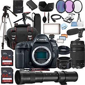 Canon EOS 5D Mark IV DSLR Camera w/EF 50mm STM + 75-300mm + 420-800mm Super Telephoto Lens + LED Always on Light + 128GB Memory, Filters, Case, Tripod + More (34PC Bundle Kit)