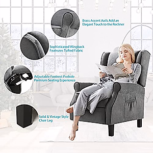 LEISLAND Wingback Recliner Chair for Living Room Fabric Lazyboy Push Back Chair with Heat and Massage, Tufted Armchair with Padded Seat,Grey(Set of 2)