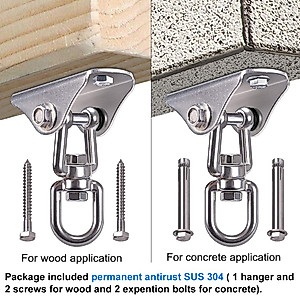 BeneLabel Permanent Antirust Stainless Steel Heavy Duty Swing Hanger, 1000 LB Capacity, 2 Screws for Wooden and 2 Expansion Bolts for Concrete, Yoga Hammock Chair Sandbag Swing Sets, 360° Swing