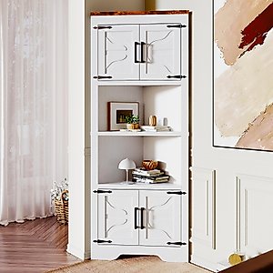 oneinmil 66" Tall Farmhouse Corner Cabinet, Corner Storage Cabinet, Corner Shelf with 4 Doors & Adjustable Shelves, Home Storage Organizer, for Living Room, Bedroom, Kitchen, White