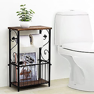 MyGift Freestanding Rustic Burnt Wood Toilet Paper Stand with Display Shelf and Matte Black Metal Scrollwork Magazine Basket, Holds up to 2 Toilet Paper Rolls