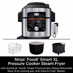 Ninja OL701 Foodi 14-in-1 SMART XL 8 Qt. Pressure Cooker Steam Fryer with SmartLid & Thermometer + Auto-Steam Release, that Air Fries, Proofs & More, 3-Layer Capacity, 5 Qt. Crisp Basket, Silver/Black