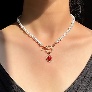 Asphire Vintage Pearl Necklace with Ruby Heart Pendant Elegant Bridal Crystal Gem Necklace Toggle Clasp Choker Necklace for Women Wedding Festival Gift