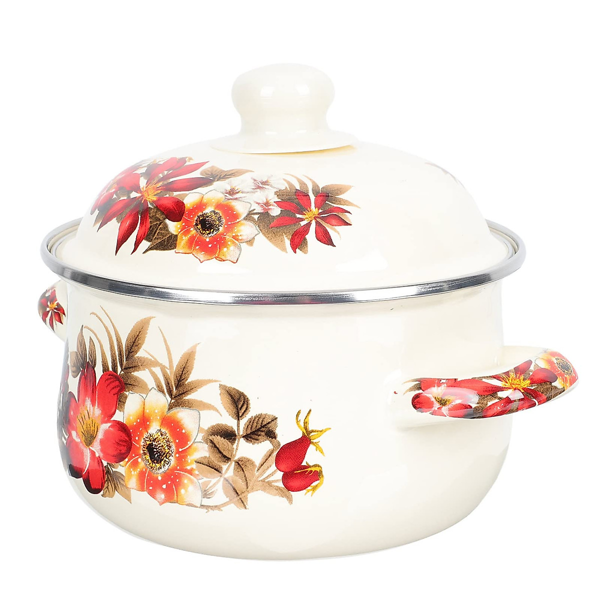 YARNOW Retro Flower Enamel Stew Stockpot-Random Pattern- Non- Stick Ceramic Coated Low Stockpot Stew Pot with Lid 16cm Quart Stockpots Soup Casserole Pasta Milk Sauce Pot for Home Kitchen Cooking