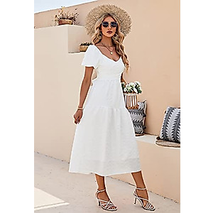 ANNA&CHRIS Womens Summer Puff Sleeve Midi Dress A Line V Neck High Waist Tie Back Smocked Tiered Boho Wrap Dresses White L