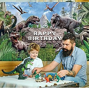 Dinosaur Theme Backdrop Banner Polyester Dinosaur Happy Birthday Photo Background Tropical Jungle Birthday Party Backdrop Decor for Kid Dinosaur Theme Birthday Party Photo Prop Decor, 72.8 x 43.3 Inch