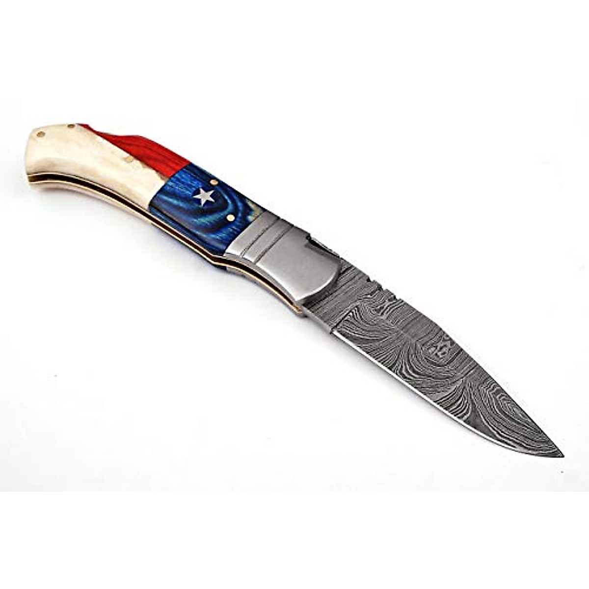 SharpEdge 8.25" Texas Flag Custom Handmade Damascus Steel Blade Pattern Welded Camping and Hunting Pocket Folding Survival Knife with a Genuine Leather Sheath | SW-716 |