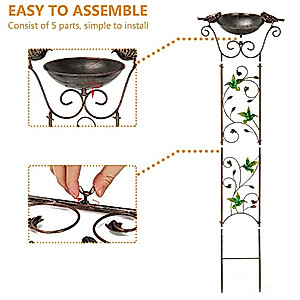 LEWIS&WAYNE Garden Trellis Bird Bath Outdoor, 40 Inch Antique Iron Garden Plant Trellis Decorative with Hummingbirds and Detachable Drinking Basin Bowl, Free Standing BirdBath Birdfeeder Station