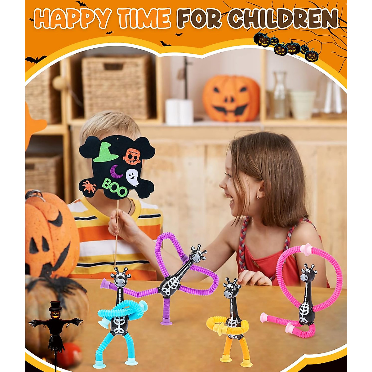 Halloween Party Favors for Kids 4 Pack Telescopic Suction Cup Giraffe Toy Sensory Tubes Classroom Prizes/Non Candy Halloween Treats Goodie Bag Fillers Gifts