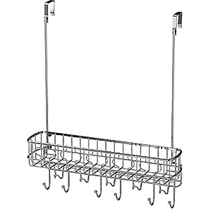 Simple Houseware Over The Door 11 Hook Organizer Rack with Basket Storage, Chrome