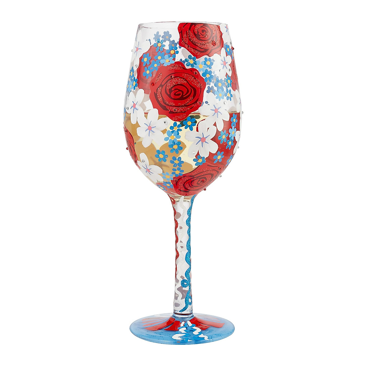 Enesco Designs by Lolita Red, White and Bloomed Floral Hand-Painted Artisan Wine Glass, 1 Count (Pack of 1), Multicolor