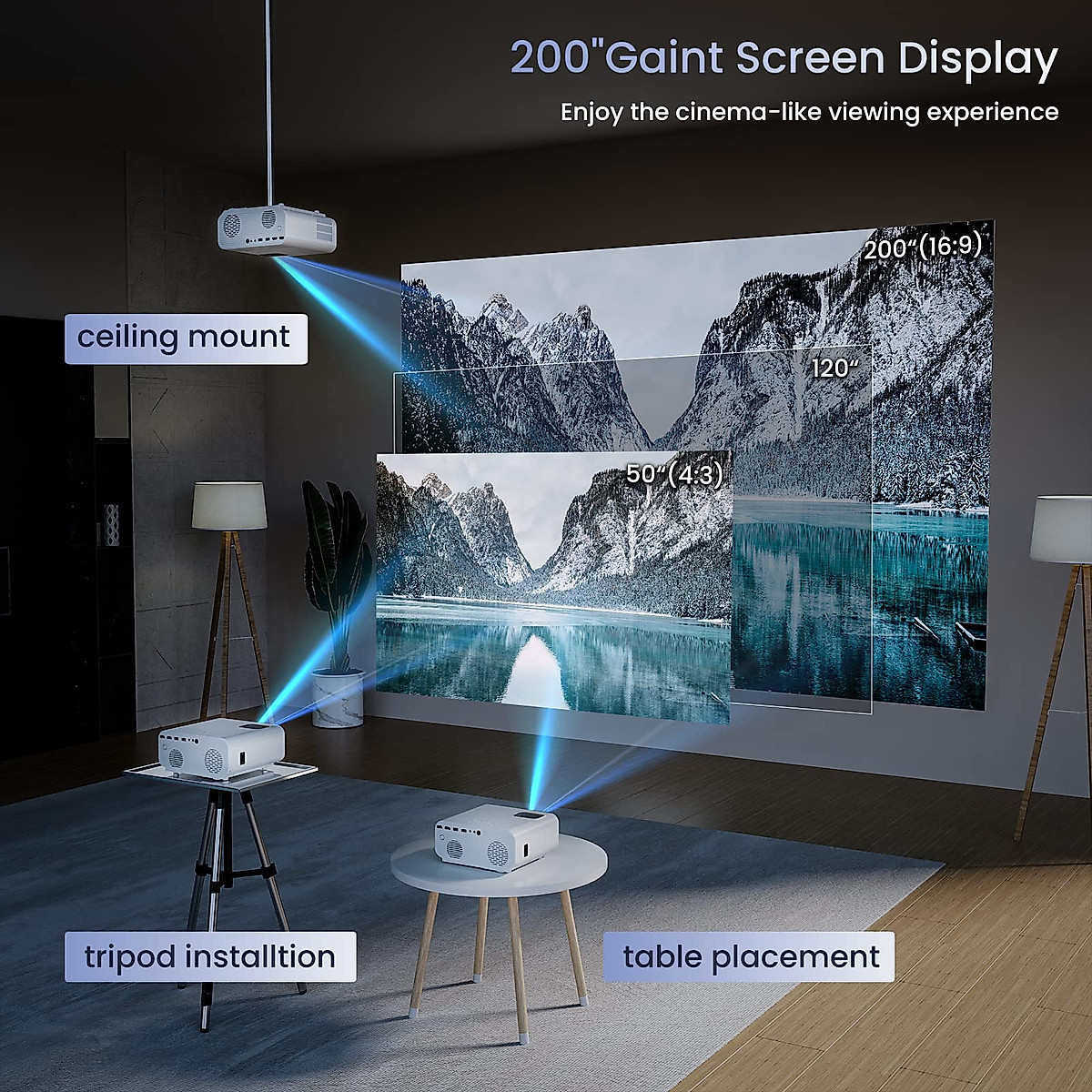 4K Support Projector with Wifi and Bluetooth, HOMPOW Mini Portable Projectors for Outdoor Home Movie, Compatible with Laptop, Smartphone, TV Stick, Xbox, PS5