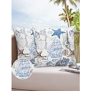 Outdoor Waterproof Pillow Covers Set of 2, Nautical Theme Marine Sail Boat Beach Starfish Shell Seashell Patio Throw Pillow Covers, Decorative Cushion Case for Couch Sofa Furniture Garden, 20x20 Inch