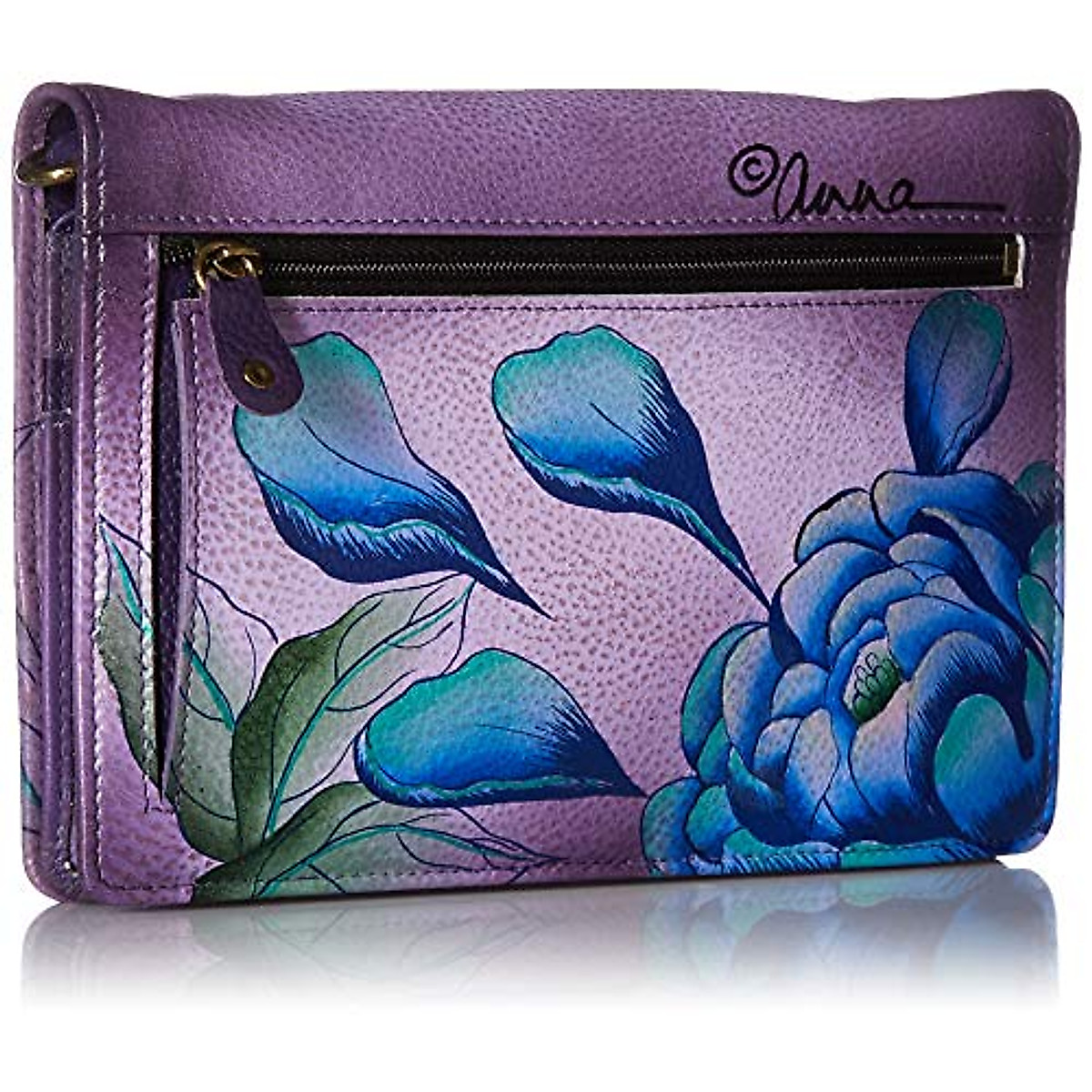 Anna by Anuschka Women's Hand-Painted Genuine Leather Flap Organizer Wallet - Precious Peony Eggplant