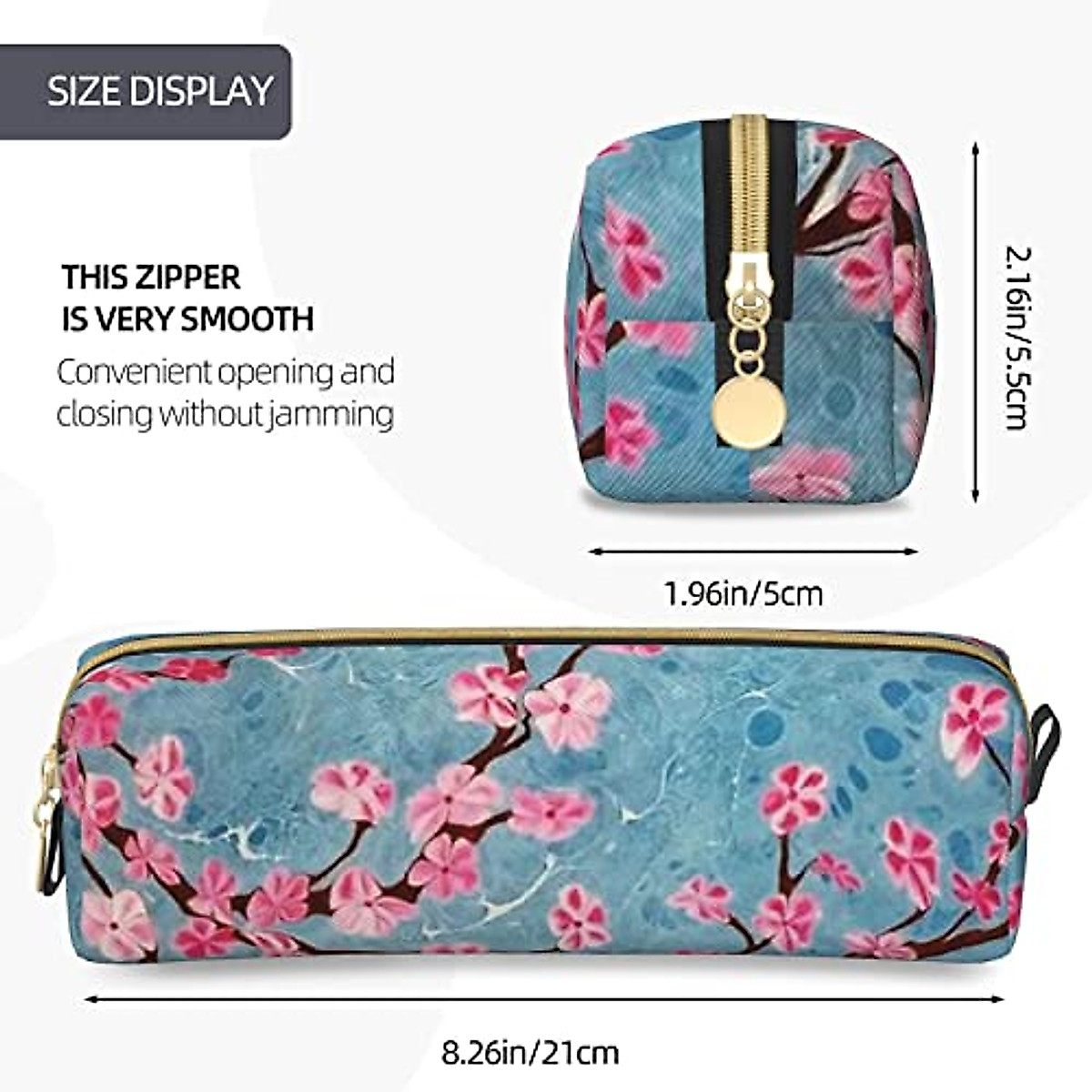 Cherry Blossom Sakura Leather Pencil Case Bag with Zipper Women Makeup Bag Durable Portable Suitable for School Work and Office 8.3 x 2.2 In