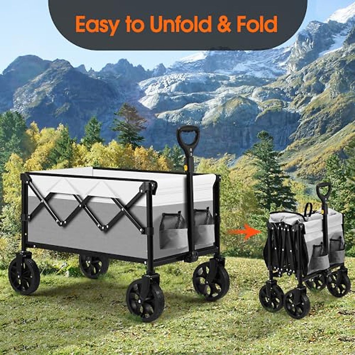 Collapsible Folding Wagon,Large Utility Wagon Cart Foldable,Folding Wagon Cart with All Terrain Wheels,Heavy Duty Garden Cart,Portable Wagon for Shopping Grocery Camping Sports Fishing (Gray/White)