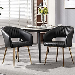 Guyou Set of 6 Modern Dining Arm Chairs Gold Legs, PU Leather Upholstered Dining Room Chair Hollow Back Guest Side Chair with Quilting Padded Cushion for Living Room (Black Faux Leather, 6 Pack)